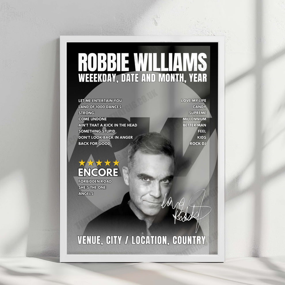 Robbie Williams Setlist Poster - Emirates Stadium | Jun 7th, 2025 ...